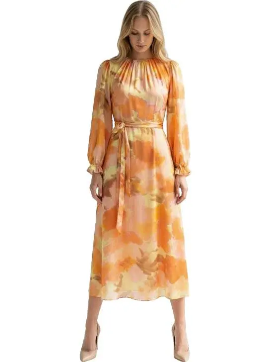 EXQUISE Crew Neck Long Sleeve Printed Midi Dress - Orange