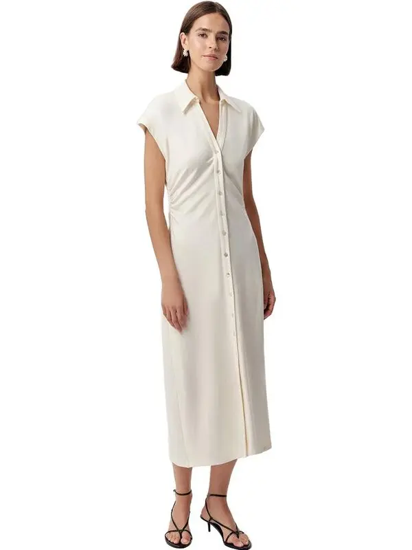 EXQUISE Ursula Collared Gathered Waist Knit Midi Dress - Bone