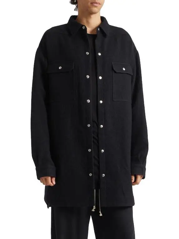 Rick Owens Oversize Tower Wool Melton Snap-up Overshirt - Black