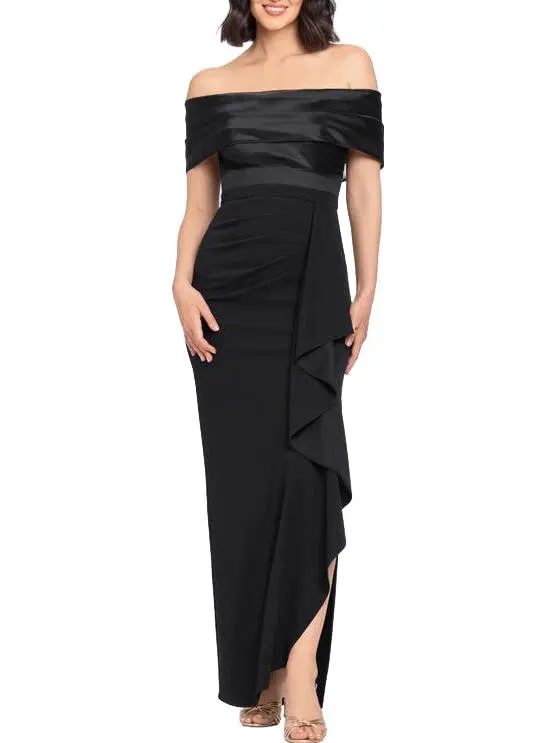 Betsy & Adam Off The Shoulder Cascade Ruffle Gown - Black/black