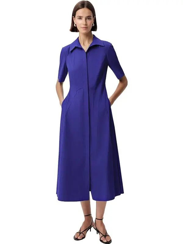 EXQUISE Alda Short Sleeve Shirt Collar Midi Dress - Sax