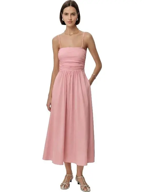 EXQUISE Spaghetti Strap Square Neck Midi Dress - Pink