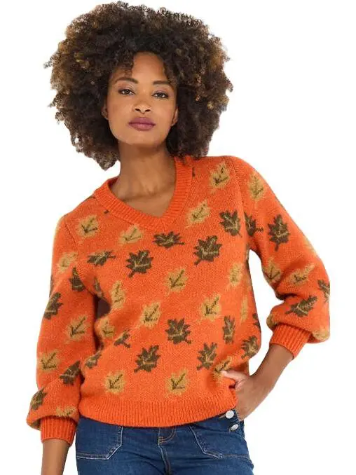 JOE BROWNS Comfy Leafy Pullover V-neck Sweater - Falling Leaf Print