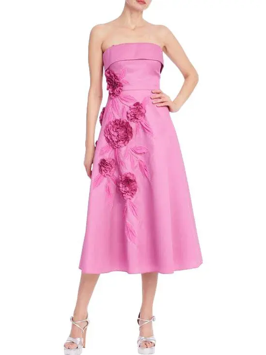 Badgley Mischka Beaded Floral Appliqué Strapless Cocktail Dress - Rose