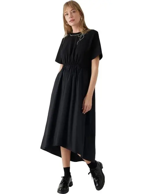 EXQUISE Afia Midi Dress With Embellished Collar - Black
