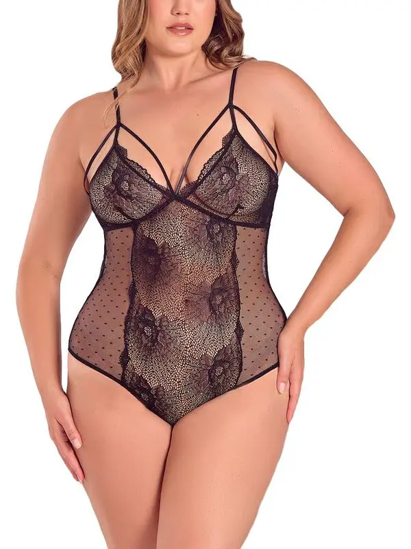 ICOLLECTION Strappy Floral Lace & Dotted Mesh Bodysuit - Black
