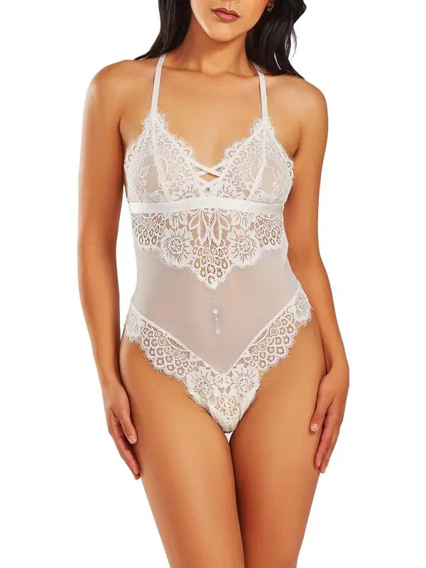 ICOLLECTION Lash Lace Sheer Mesh Halter Bodysuit - White