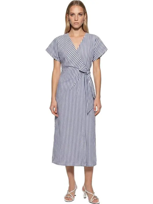 EXQUISE Stripe Wrap Midi Dress - Blue