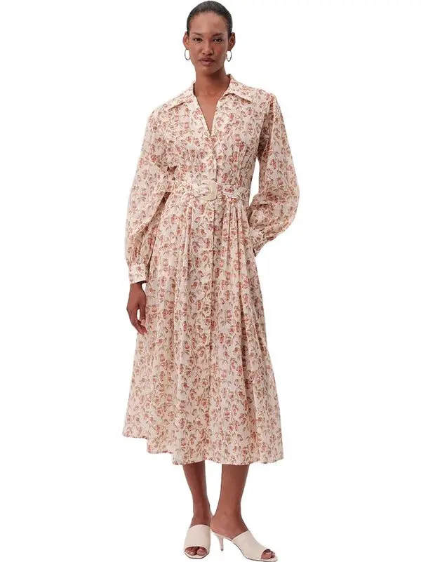 EXQUISE Katie Fitted Waist Floral Midi Shirt Dress - Multi Color