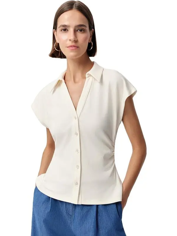 EXQUISE Siennal Short Sleeve Knit Shirt With Gathered Waist - Ecru