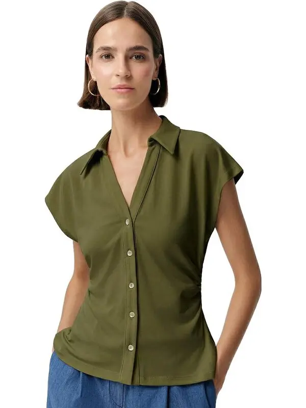 EXQUISE Siennal Short Sleeve Knit Shirt With Gathered Waist - Khaki