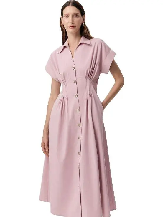 EXQUISE Reilly Shirt Collar Midi Dress - Pink