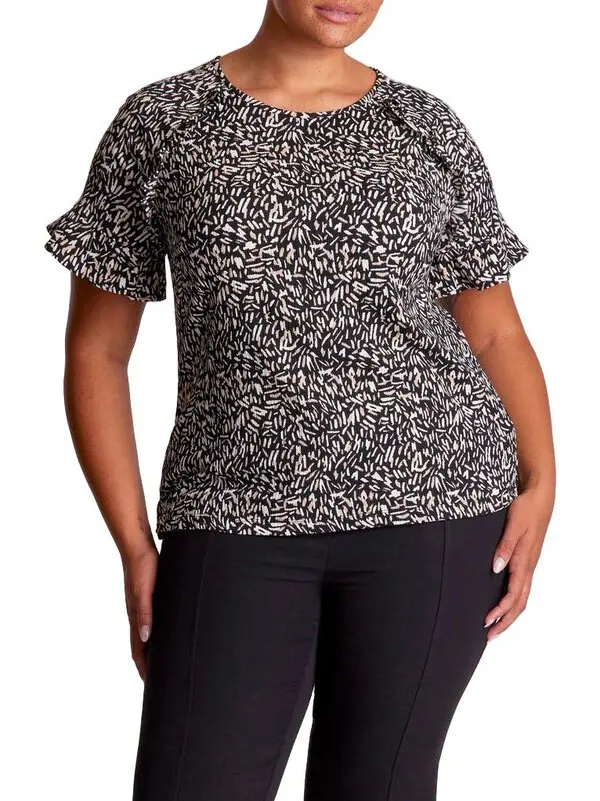 ESTELLE Abstract Geometric Flutter Sleeve Top - Black/neutral