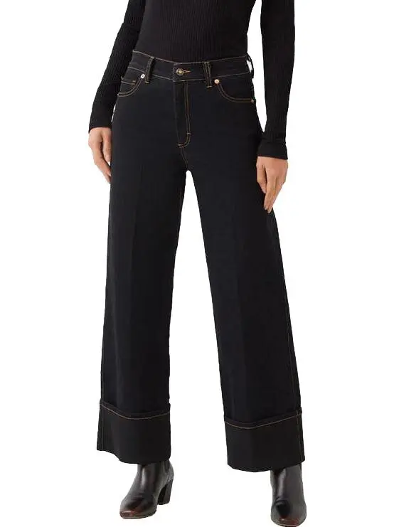 Karen Kane Cropped Wide Leg Jeans With Cuffed Hem - Black