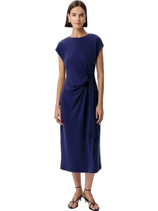 EXQUISE Crew Neck Knit Midi Dress With Self-tie Waist - Navy