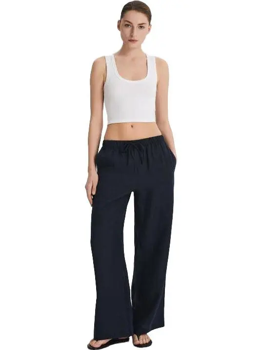 OROLAY Oversized Linen Wide-leg Drawstring Pants - Navy