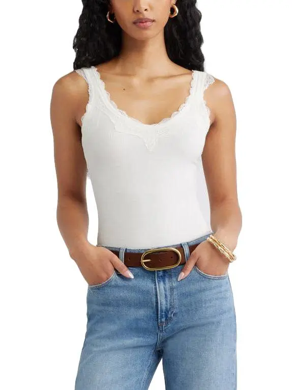 OPEN EDIT Lace Trim Ribbed Tank Top - Ivory