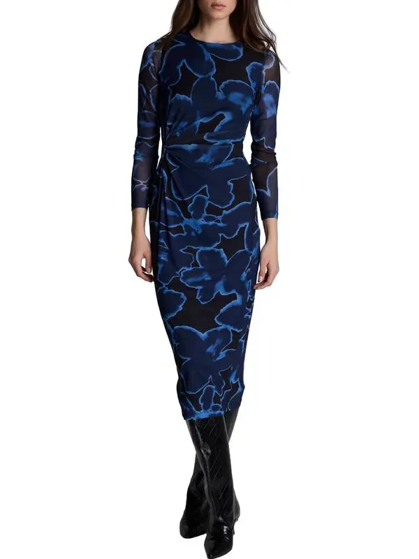 KENNETH COLE Knot Front Mesh Midi Dress - Black Multi