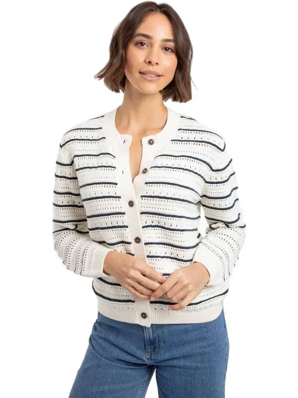 WEIRD FISH Pointelle Striped Cardigan - Light Cream