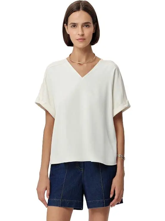 EXQUISE V Neck Short Sleeve Blouse - Ecru