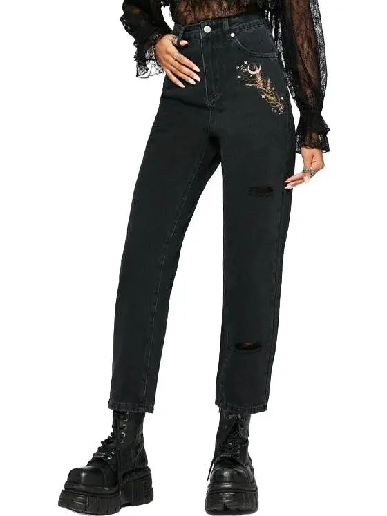 DISTURBIA Abellona Embroidered Denim Mom Jeans - Black