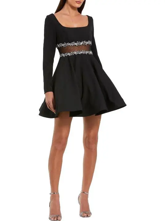 Mac Duggal Long Sleeve Crepe Mini Dress With Jewel Embellishment - Black