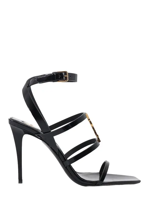 Saint Laurent Patent Leather Heeled Sandals With Gold Tone Logo - Black