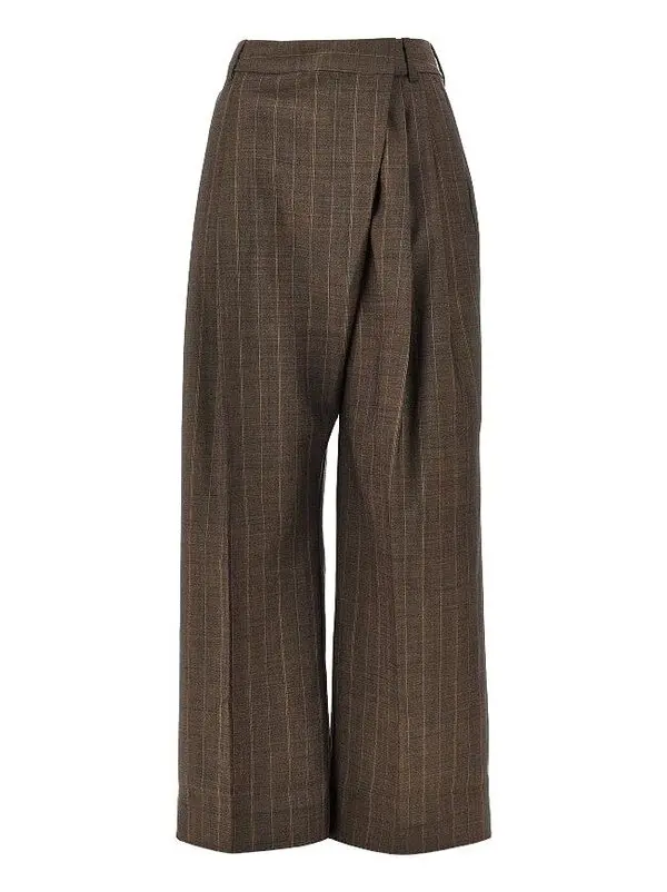 GANNI Wool Blend Pinstripe Wide Leg Trousers - Brown