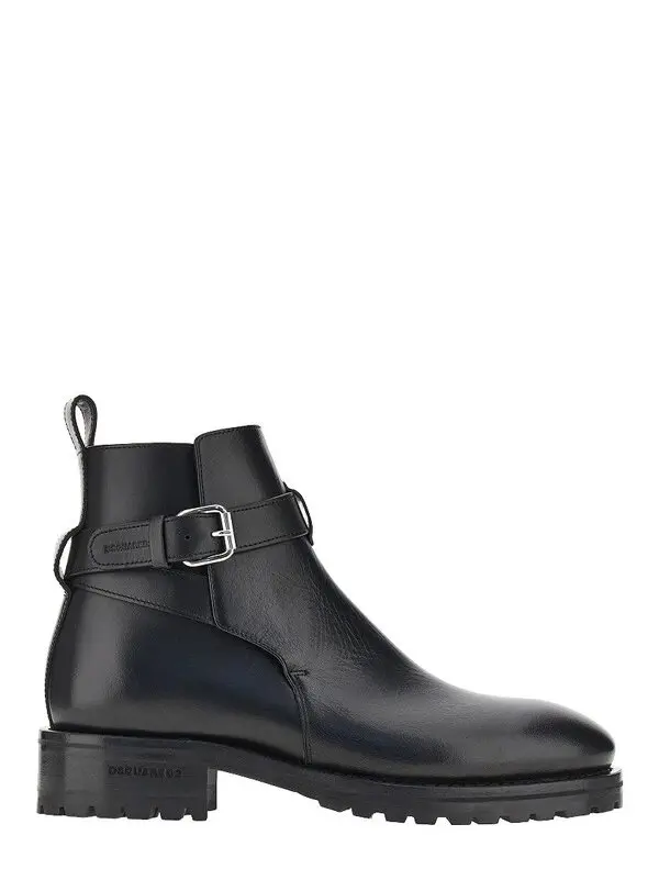 Dsquared2 Leather Ankle Boots With Silver Buckle And Embossed Logo - Black