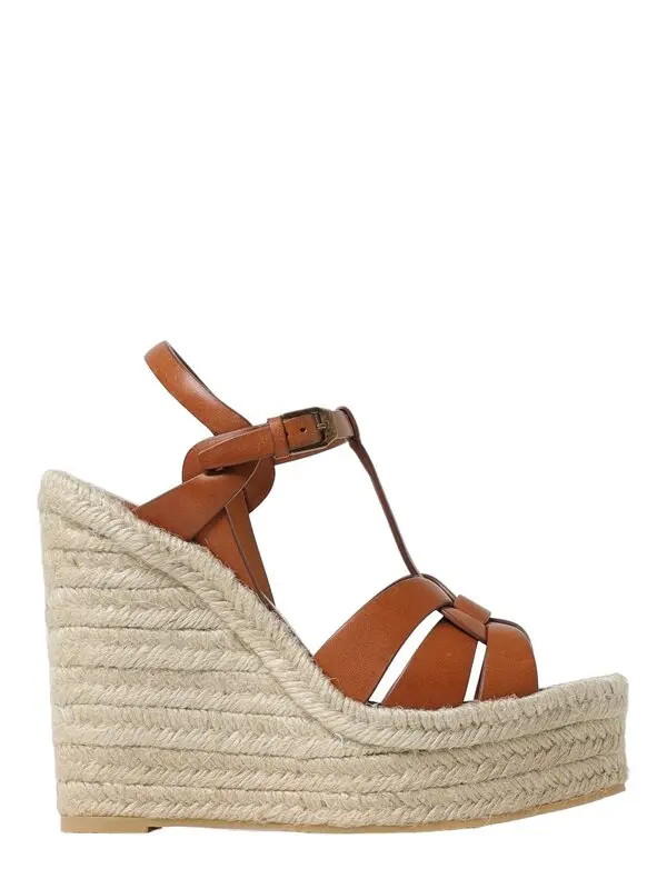 Saint Laurent Leather Strappy Wedge Sandals - Brown