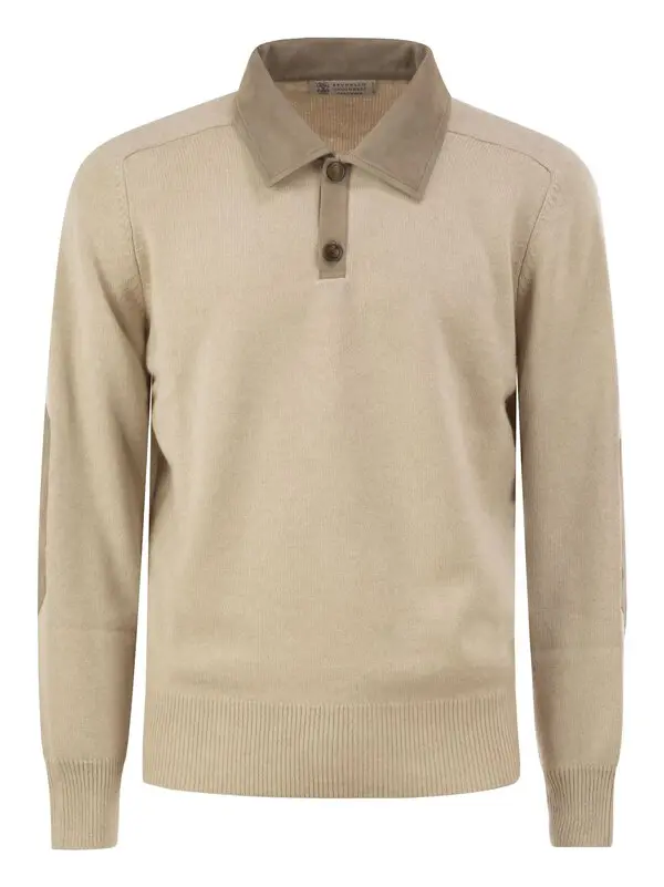 Brunello Cucinelli Pure Cashmere Polo Jumper With Leather Details - Cream