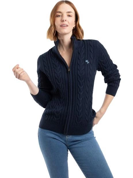 WEIRD FISH Full Zip Cable Knit Cardigan - Navy