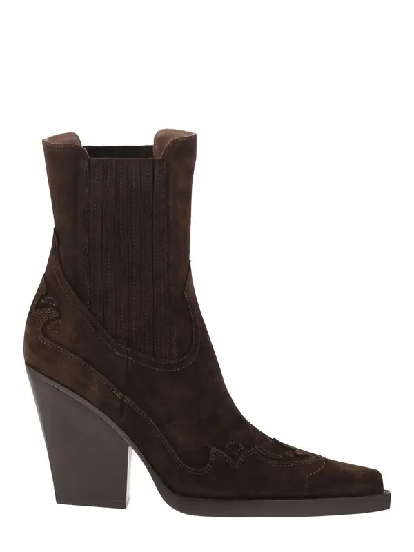 Paris Texas Dallas Embroidered Suede Western Ankle Boots - Brown