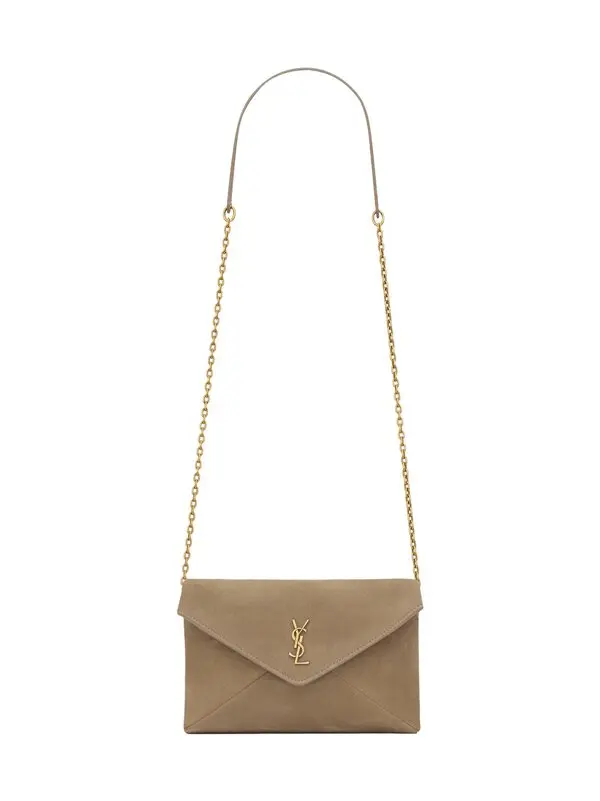 Saint Laurent Cassandre Small Chain Pouch In Suede - Light Cumin