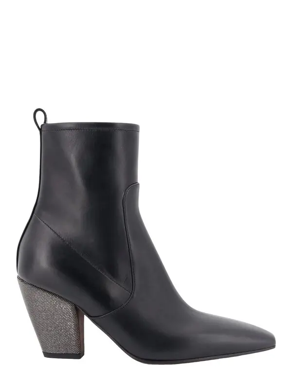 Brunello Cucinelli Leather Ankle Boots With Embellished Heel - Black