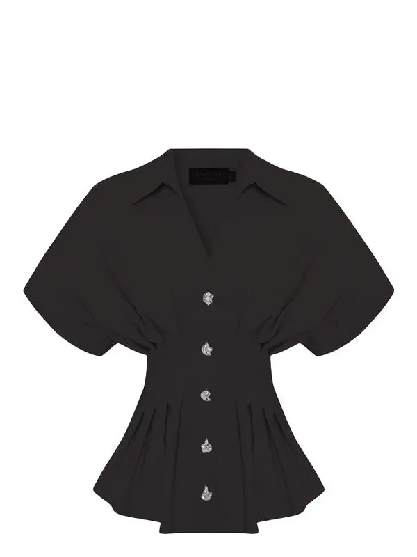 EXQUISE Pleated Waist Button-up Blouse - Black