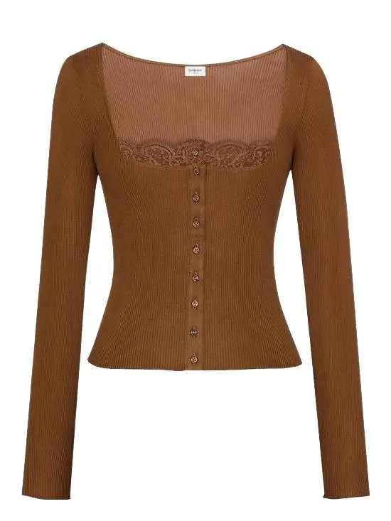 Saint Laurent Ribbed Silk Square Neck Top - Cognac