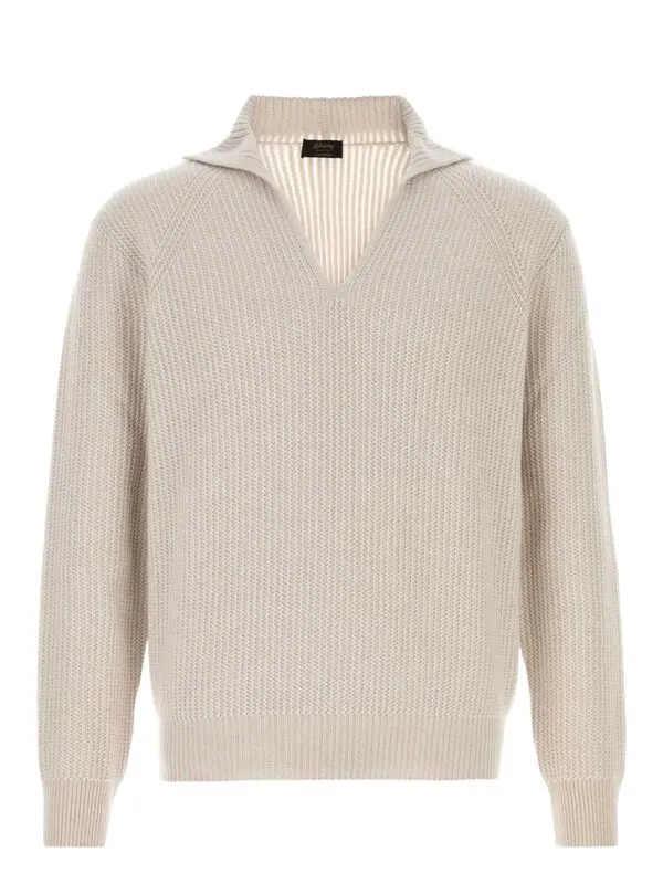 Brioni V-neck Ribbed Long Sleeve Sweater - Beige