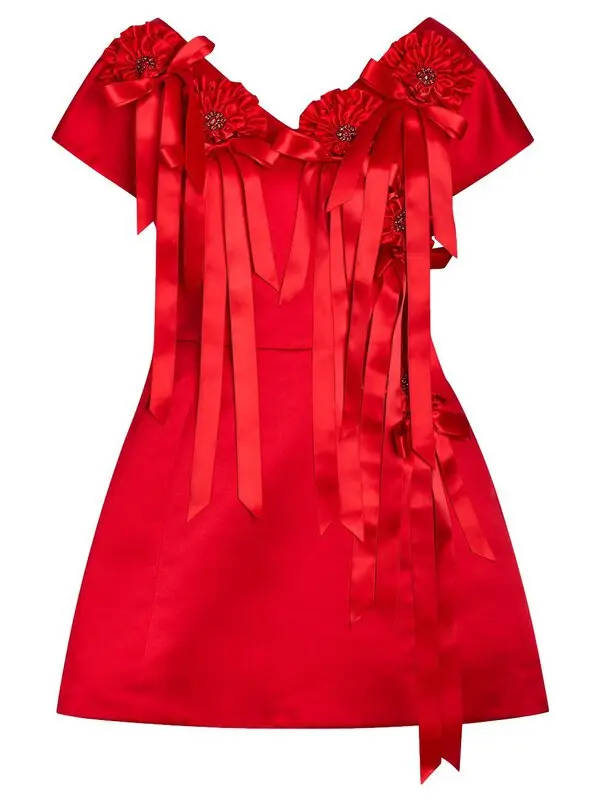 Simone Rocha Duchess Satin Rosette Appliqué Mini Dress - Red