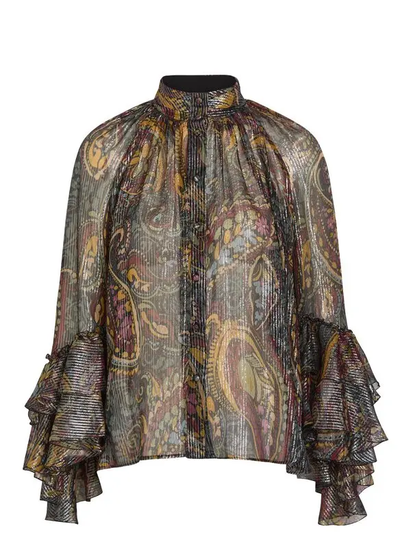 Etro Printed Metallic Silk Shirt With Ruffled Cuffs - Multicoloured