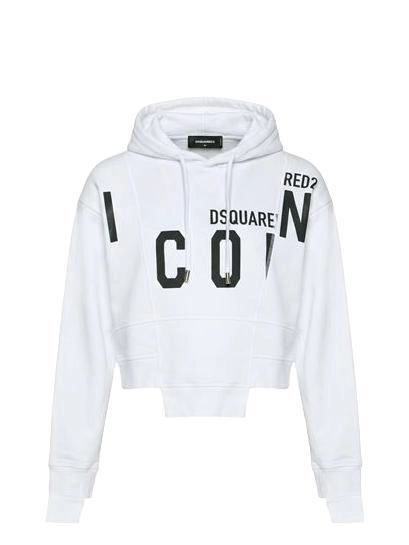 Dsquared2 Cotton French Terry Asymmetrical Graphic Print Hoodie - White