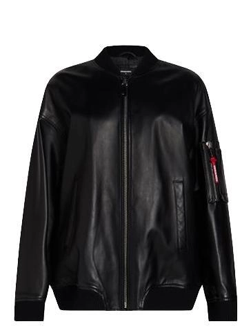 Dsquared2 Ovine Leather Bomber Jacket With Knitted Trims - Black