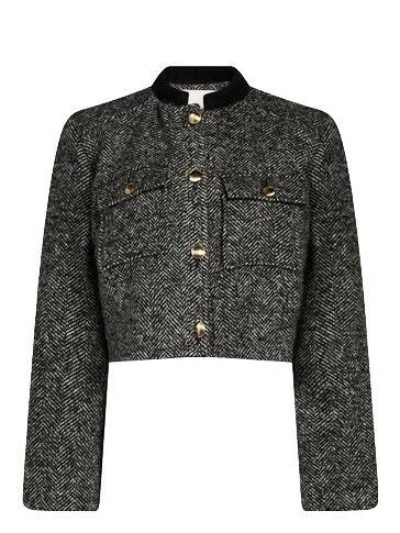 Ba&sh Tweed Herringbone Cropped Jacket - Grey