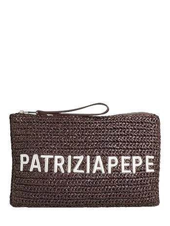 Patrizia Pepe Woven Raffia Clutch With Embroidered Logo And Wristlet Strap - Brown