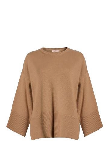 CARLA G. Crewneck Sweater With Side Slit Hem - Beige