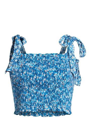 Poupette St Barth Woven Floral Print Shirred Square Neck Top - Blue