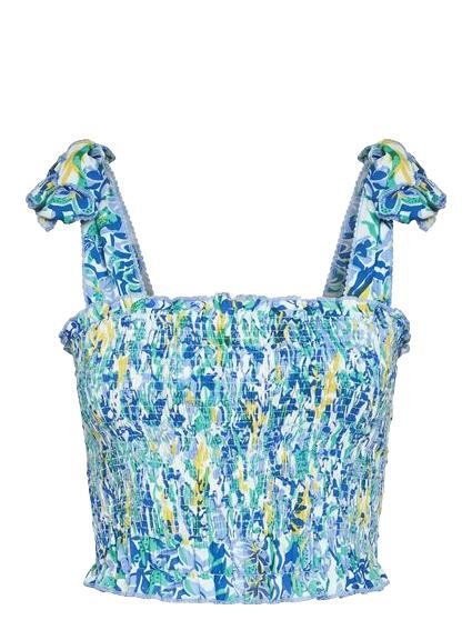 Poupette St Barth Ecovero Viscose Floral Print Shirred Cropped Top - Blue
