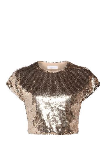 Rabanne Sequined Cropped Tulle Top - Gold