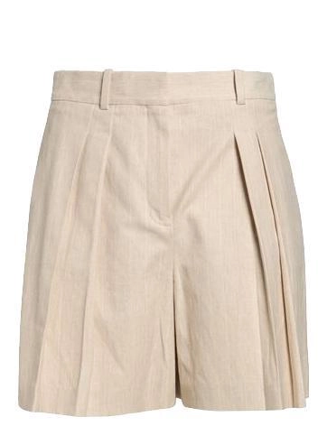 Theory Cotton, Linen, Elastane Pinstriped High Waisted Shorts - Beige