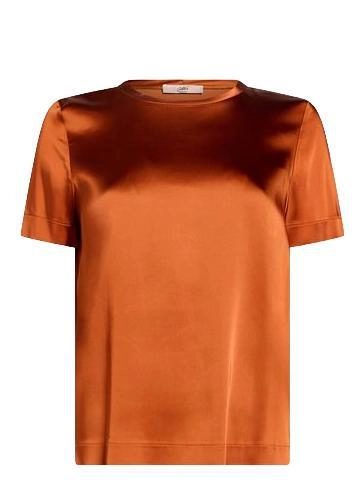 CARLA G. Satin Crewneck Short Sleeve Top - Tan